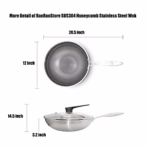 Cyrder Stainless Steel Wok with Lid, Nonstick Skillet/Saucepan, 18/8 Food Grade steel, Hybrid Hex Tech, Induction Cooker Compatible, Easy Clean/Wear-resistance/Dishwasher safe, 12.5inch