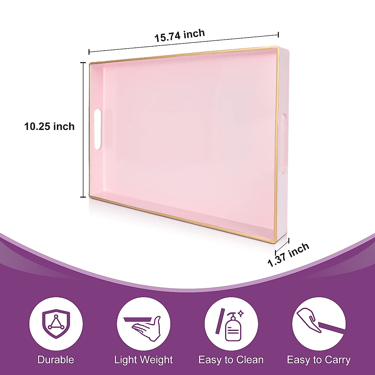 Gifturbo Pink Serving Trays,Decorative Serving Tray with Handles, Coffee Table Tray Rectangular Plastic Tray for Ottoman Bathroom,Living Room, 15.7” x 10.2” x1.37”