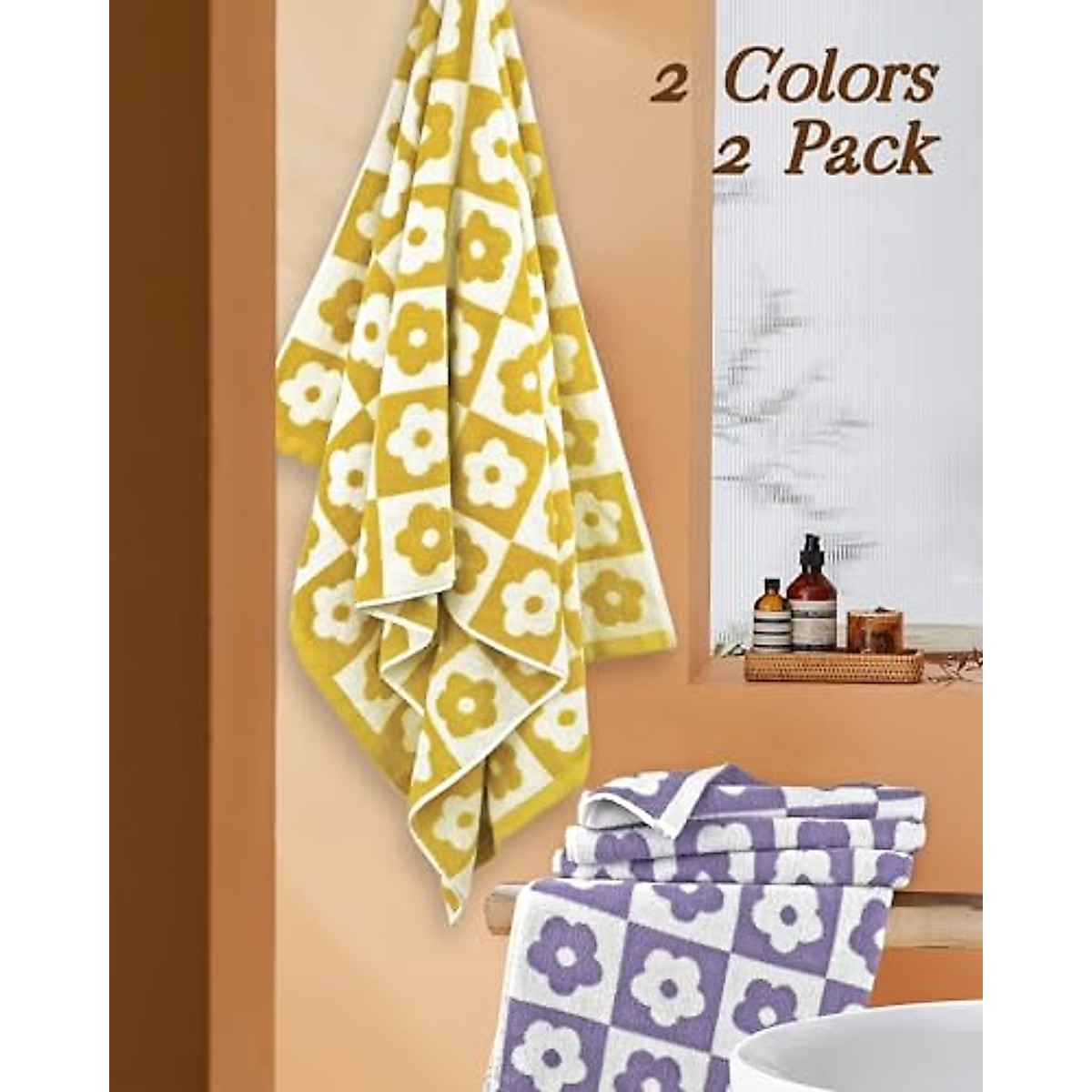 Jacquotha Bath Towels Checkered Floral 55” x 28” - Decorative Bathroom Towels for Indoor Outdoor Gift, 440 GSM Soft Quick Dry Towel for Bathroom Gym Spa Swim (Yellow & Lilac)