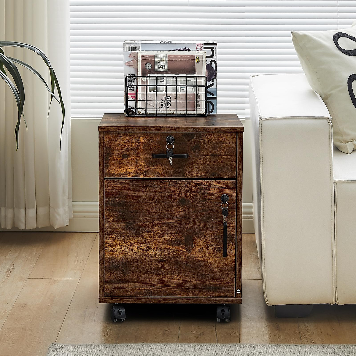 TUKAILAi Mobile File Cabinet with Lockable Drawer & Door, Under Desk Rolling Filing Cabinet with 4 Wheels, Wooden Stationery Storage Cabinet for Home Office (Rustic Brown)