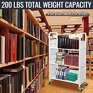 Book Cart, 200 LBS Library Cart, Rolling Book Cart, Single Sided L-Shaped/V-Shaped Sloped Shelves with Lockable Wheels for Home Shelves Office School Book Truck