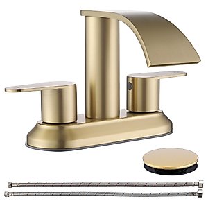 4 inch Centerset Bathroom Faucets Brushed Gold, Stainless Steel Gold Sink Faucet Bathroom with cUPC Supply Lines, Jodulos 2 Handle Waterfall Bathroom Sink Faucet with Pop Up Drain Stopper JU-DE-201-BG