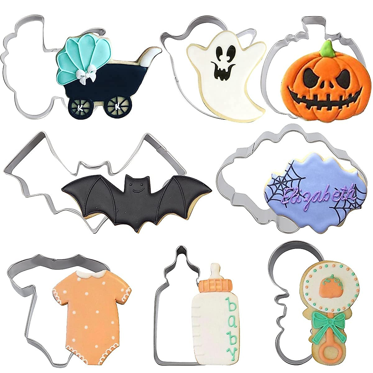 Halloween Themed Cookie Cutter Set, Stainless Steel Skull Bat, Pumpkin Ghost, Bottle Rattle,Onesie Baby Carriage, Biscuit Molds for Baby Shower
