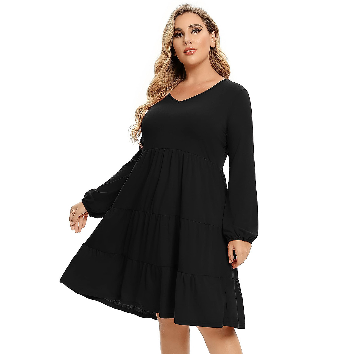 ShopWonder Women's Plus Size Casual Tunic Mini Dress Lantern Sleeve Ruffle Hem V Neck Loose Swing Fall Dresses Plus Size(Black,2XL)