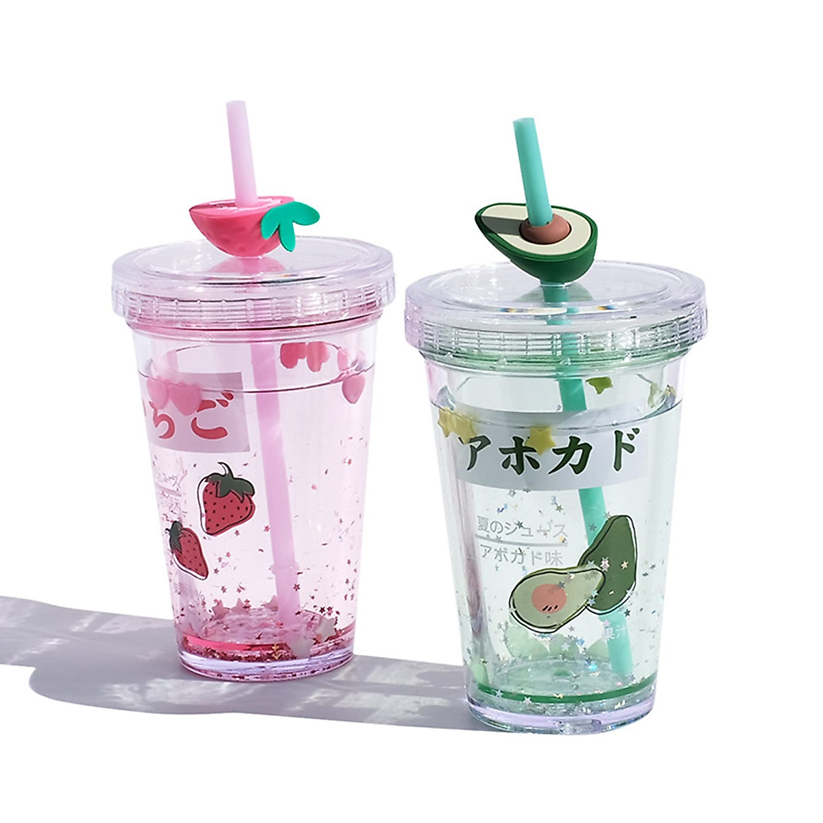 Meideli 15oz Kawaii Water Bottle With Straw Glitter Double Wall Water Bottle With Straw Kawaii Cup Strawberry Water Bottle Kawaii Cups Kawaii Stuff Avocado Gifts Pink