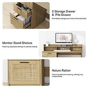 FUNKOCO Computer Desk with Rattan Drawers and Hutch Shelf - 47 Inch Home Office Writing Desk with Storage File Drawer & Monitor Stand, Modern Wood PC Laptop Workstation Computer Table