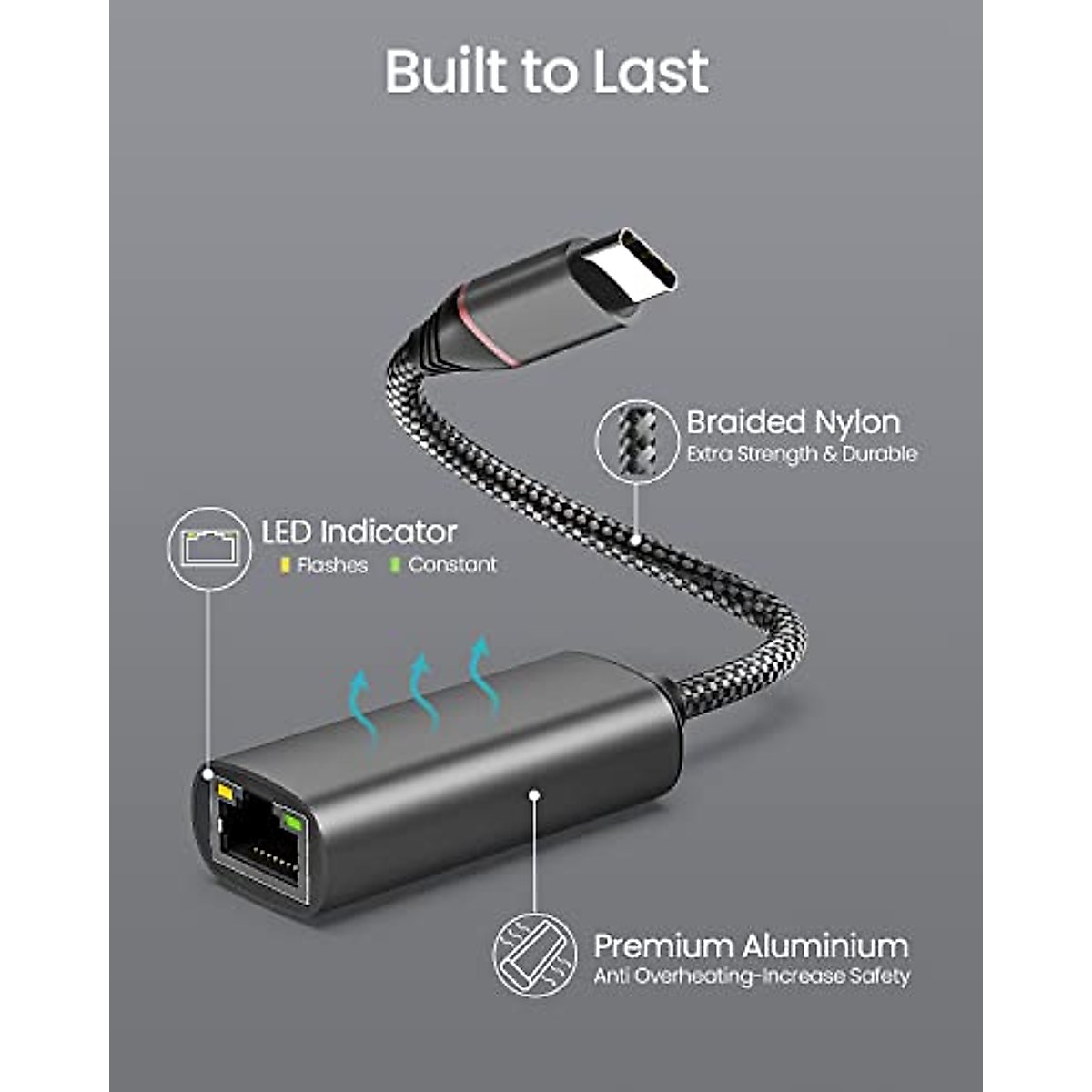 OQTIQ USB C to Ethernet Adapter, USB-C to RJ45 Thunderbolt 3/Type C Gigabit Ethernet LAN Network Adapter, Compatible with MacBook Pro 2020/2019/2018/2017, MacBook Air, iPad Pro, XPS and More