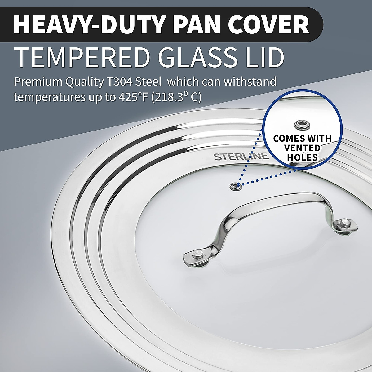 Sterline Universal Lids Set with Tempered Glass Top - Fits 5-12 Inch Pots, Pan, and Skillets - Set of 2, Large and Small, Stainless Steel Replacement Pot Lid for Kitchen Organizing, Space Saving