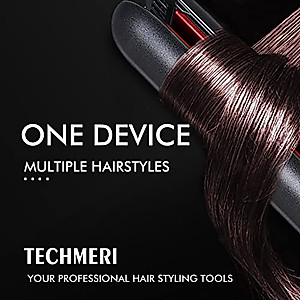 TECHMERI Hair Straightener and Curler 2 in 1, Flat Iron Hair Straightener with 5 Temp, Titanium Flat Iron with Dual Voltage, Temperature Memory