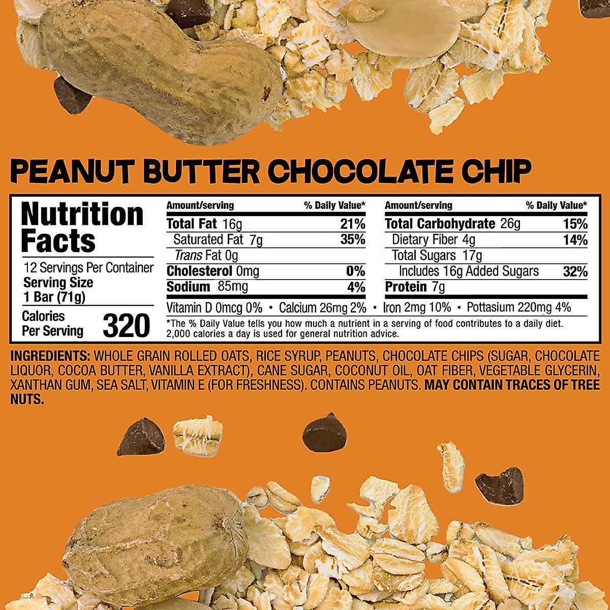 Bobo's Oatmeal Bars, Peanut Butter Chocolate Chip, Gluten Free Vegan Whole Grain Oat Bars, Pack of 12