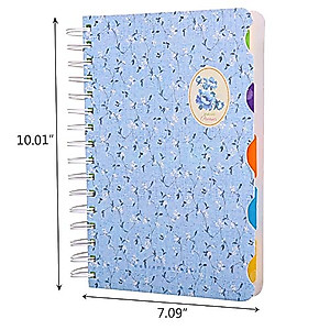 5 Subject Notebook，Wide Ruled Spiral Notebooks，A5 Travelers Notebook, Colored Dividers with Tabs, Cute Floral Notepad, Hardcover Journal Memo Planner for School Kids Girls Women, 5.7”×8.27”, 300 Pages