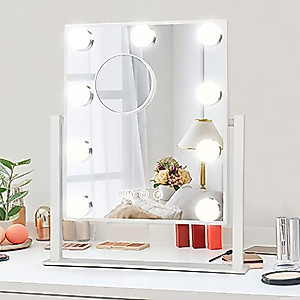 Fabuday Lighted Vanity Makeup Mirror with Lights Hollywood Cosmetic Mirror with 9 Dimmable LED Bulbs for Dressing Room Tabletop, 3 Color Lighting, Detachable 10X Magnification Mirror, White