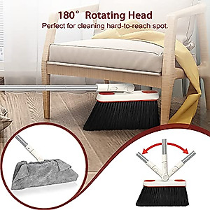 JEHONN Broom and Dustpan Set for Home, Long Handle Lightweight 180 Degree Rotating Broom Set Indoor, Upright Standing Dust Pan with Comb Teeth, Store Sweep Set for Room Kitchen Office (Grey & Red)