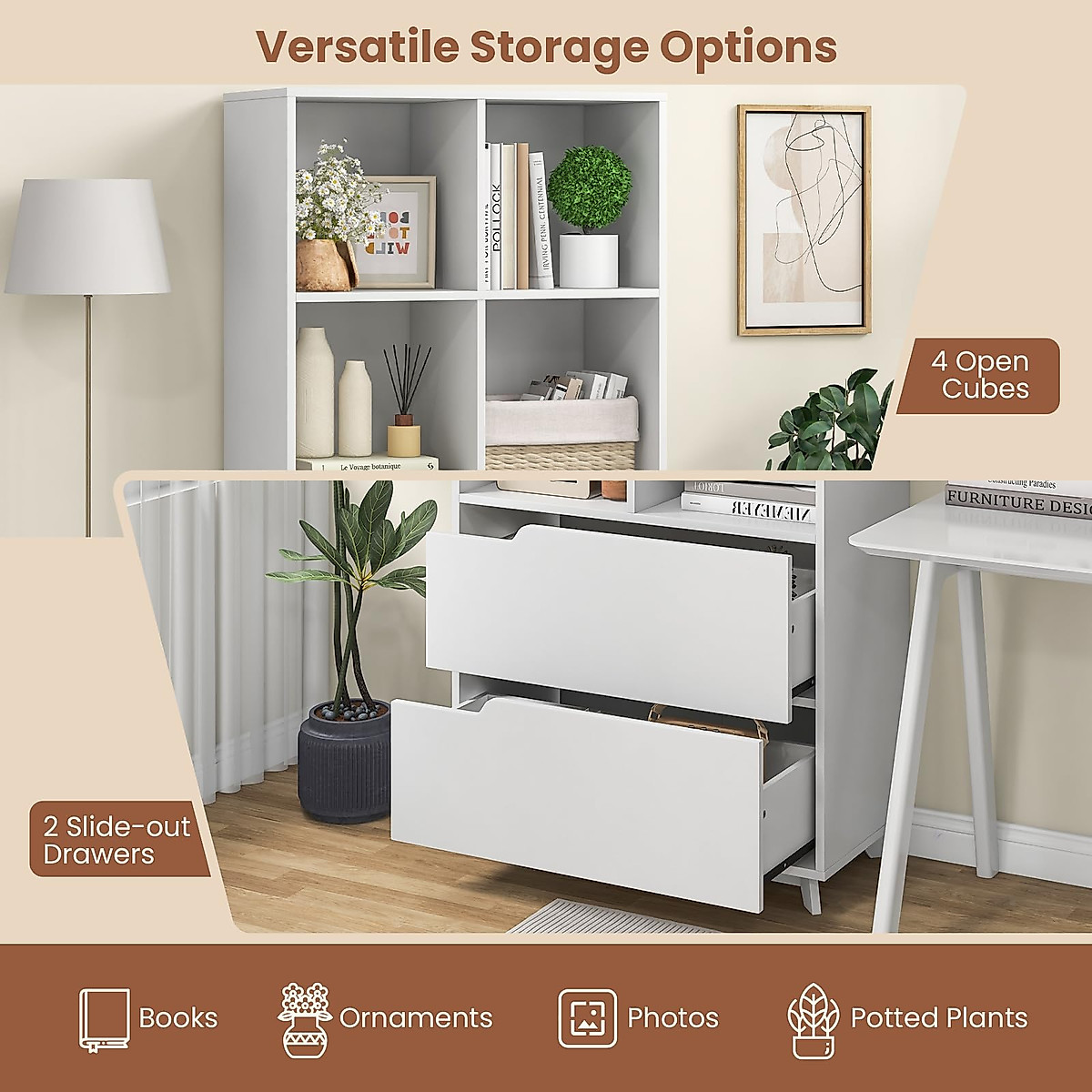 Giantex 51" Tall Bookcase with 2 Drawers, 4-Tier Open Bookshelf with 4 Storage Cubes, Modern Display Shelf with Anti-Toppling Devices, Freestanding Wooden Storage Shelf for Home Office, White