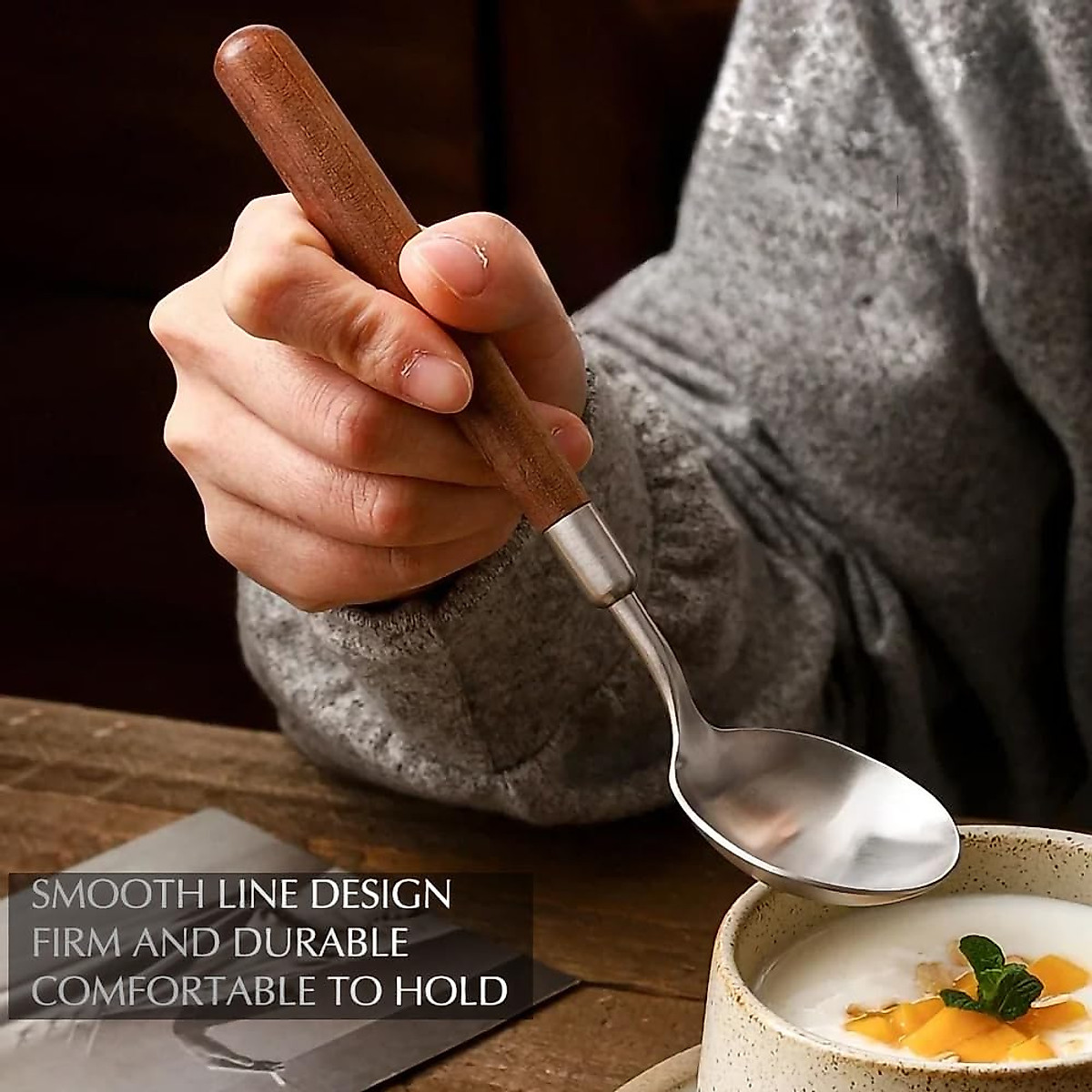 Yumokit Natural Walnut Wood Style Handle Silverware Set, Wooden Flatware Set, 304 Stainless Steel Flatware Cutlery Set, Dinnerware Set (Set of 4), HX017