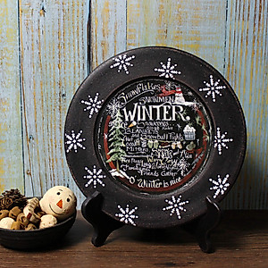 CVHOMEDECO. Winter Decorative Plate Primitives Distressed Round Christmas Display Wooden Plate Home Décor Art, 9-3/4 Inch