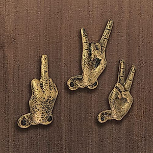 3 Gold Cast Iron Hand Gesture Decorative Wall Hooks, 4 Inches High - Peace Sign, Rock On, and Finger Gestures. Unique Stylish Key or Towel Hangers for