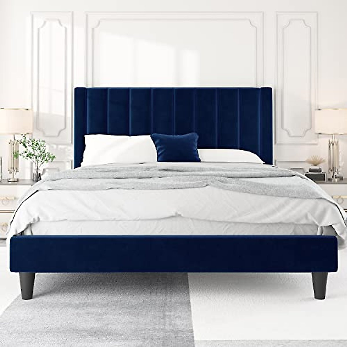 HOOMIC Queen Size Platform Bed Frame with Velvet Upholstered Plush Vertical Channel Headboard, No Box Spring Needed, Easy Assembly,Navy Blue
