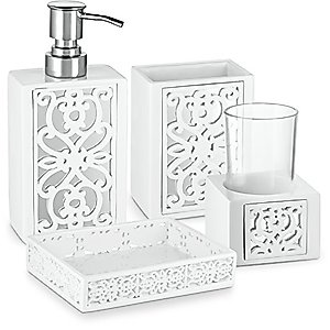 Creative Scents White Bathroom Accessories Set - Decorative 4 Piece Bathroom Set - Mirrored Bathroom Accessory Set Includes: Soap Dispenser, Toothbrush Holder, Soap Dish and Tumbler (Mirror Janette)