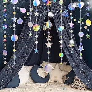 Iridescent Party Star Circle Dot Decoration Iridescent Hanging Garland Streamer Decorations Iridescent Glitter Star Bunting Banner Twinkle Backdrop for Engagement Wedding Baby Shower Birthday Xmas