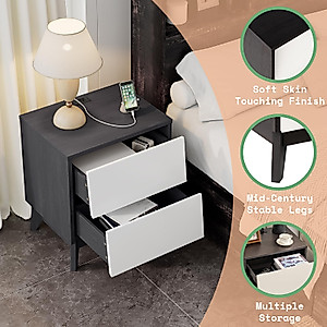 AMERLIFE Nightstands Set of 2, Mid-Century End Side Table with Beveled Drawers & Charging Station, Modern Storage Cabinet for Bedroom, Office, White & Black Walnut