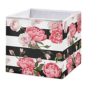 Oyihfvs Floral Peony and Roses Flowers On Black White Stripes Rectangular Collapsible Open Storage Bins, Foldable Toy Nursery Basket Bin Cloth Cube Organizer with Handles for Shelves Closet
