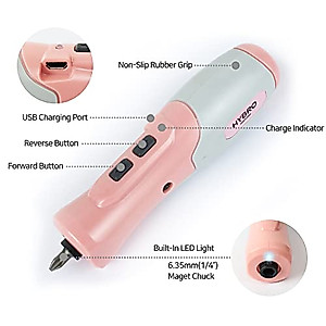 HYBRO Rechargeable Cordless 3.6V Screwdriver Set, Electric and Manual Battery Powered, Repair, Home Improvement Tool for Women - Max 10N.m Torque, 10pcs Bit Set, USB Charge, LED Light - H200M (Pink)