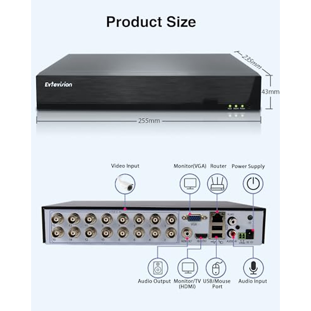 Evtevision 5MP Lite 16 Channel Security Video Recorder with Human/Vehicle Detection,16CH Hybrid 5-in-1 DVR Supports AHD/TVI/CVI/CVBS/IP Cameras for Home Business Surveillance,NO HDD