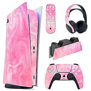 PlayVital Psychedelic Pink Full Set Skin Decal for ps5 Console Digital Edition, Sticker Vinyl Decal Cover for ps5 Controller & Charging Station & Headset & Media Remote