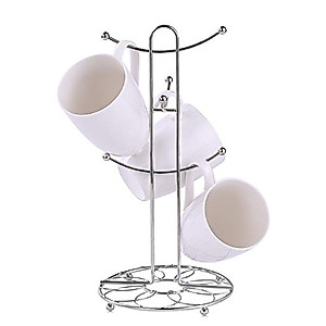 Buruis Mug Rack Tree, Decorative Flower Pattern Base Metal Mug Holder, Kitchen Coffee Mug Tree Countertop Tea Cups Holder Stand, Coffee Cup Dryer with 6 Hooks (Silver)