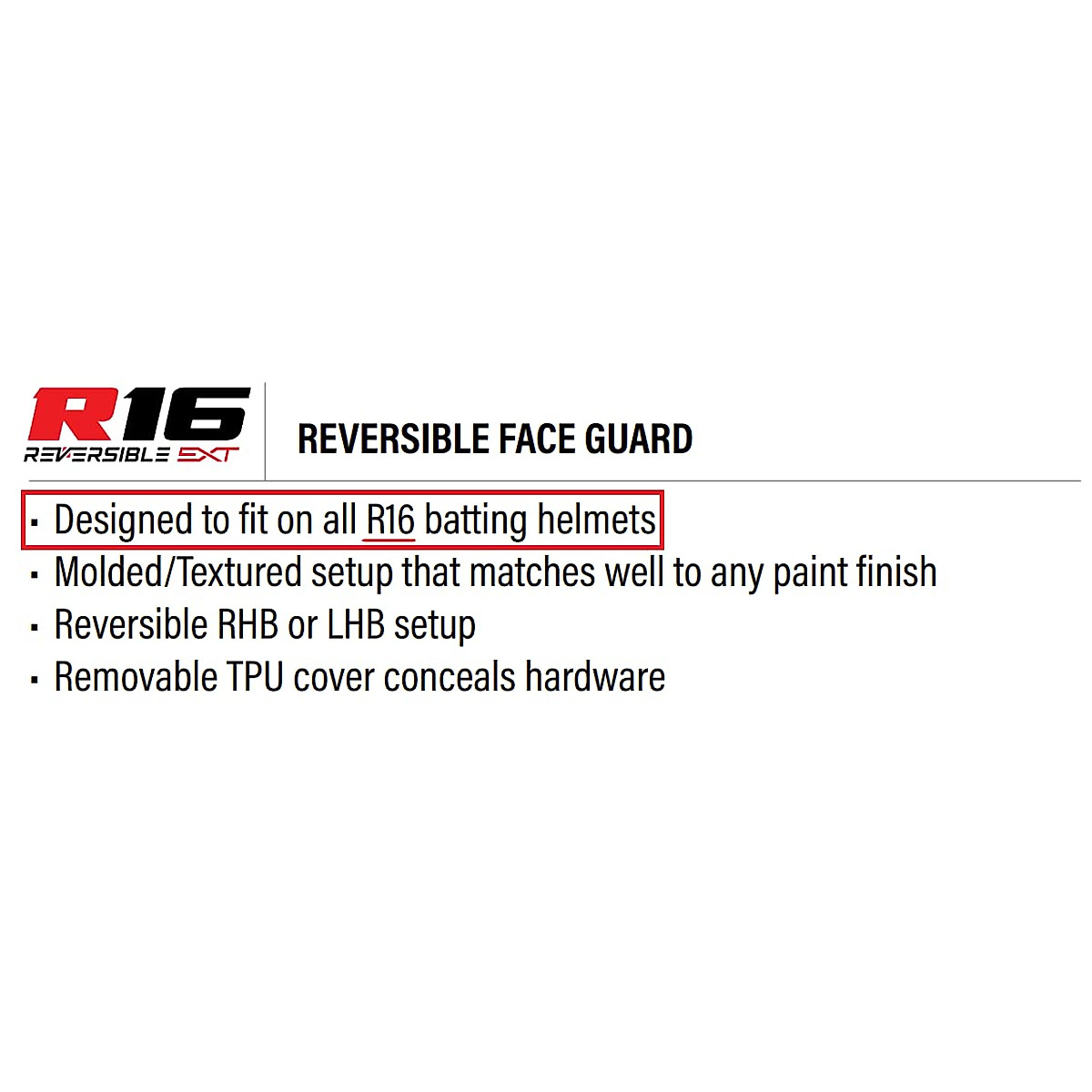 Rawlings | R16 Reversible Extension Piece | Reversible Face Guard | Fits R16 Series Helmets | Matte