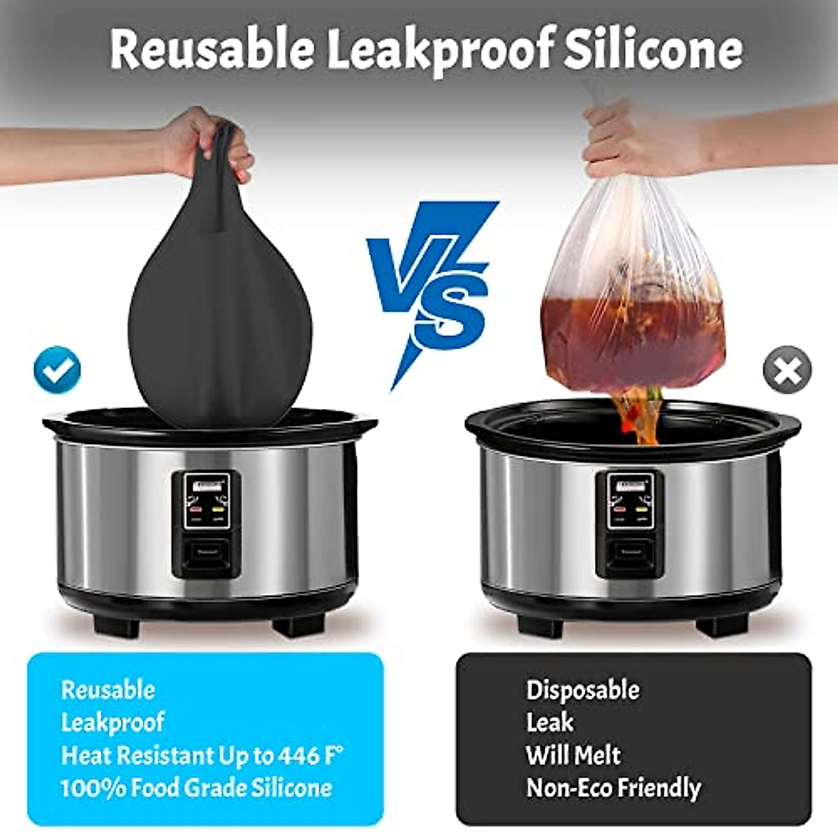 2 Pack Silicone Slow Cooker Liners Reusable Fit 6-8 Quarts Crockpot Leakproof & Easy Clean Bags Liners for Oval or Round Pot (Black+Gray)