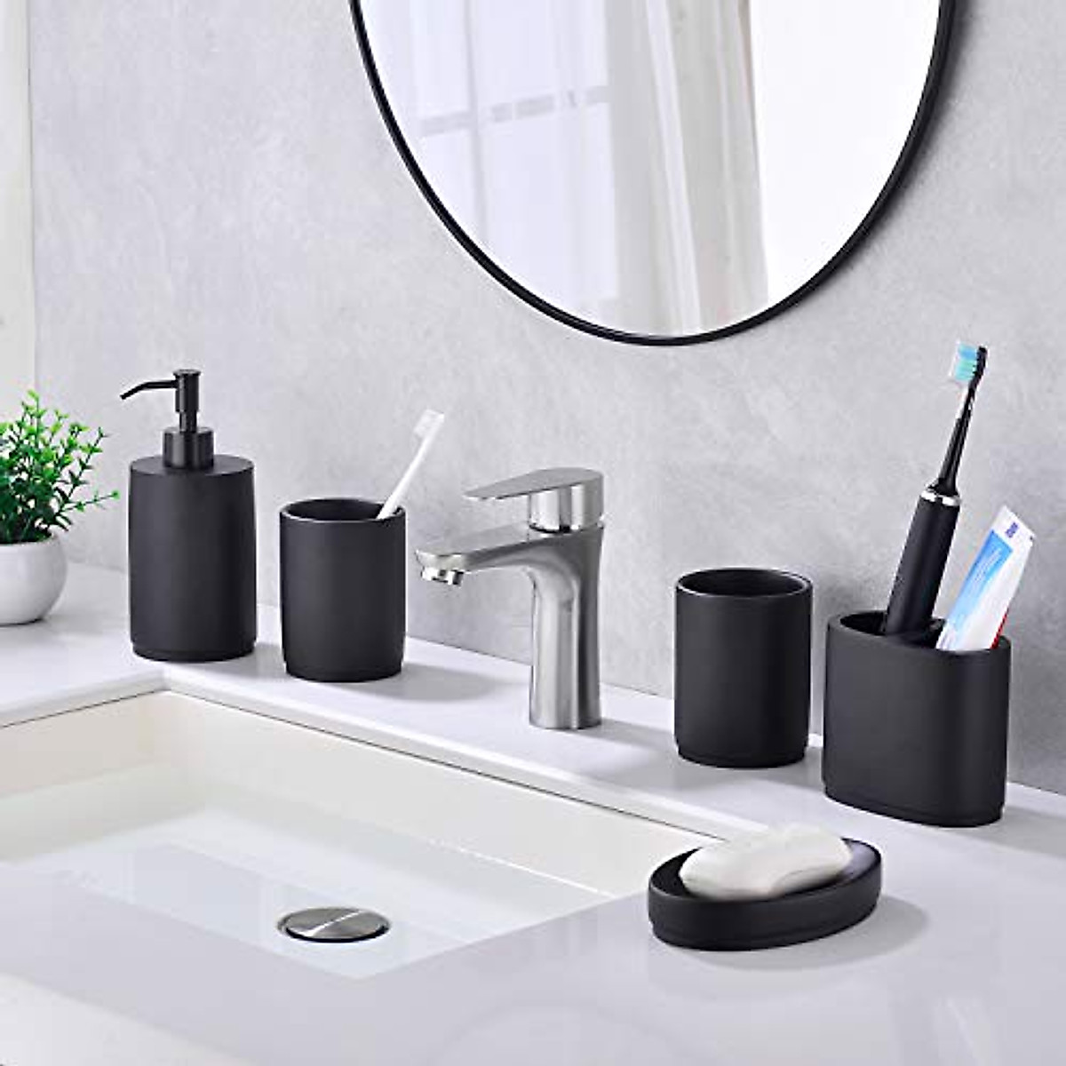 ZEXZEN Bathroom Accessories Set 5 Piece, Matte Black Bathroom Sets Accessories with Soap Dispenser,Toothbrush Holder,Soap Dish,Tumbler Cup,Resin Bathroom Gift Set (Matte Black)