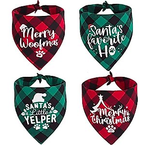 PTDECOR 4 Pack Christmas Dog Bandanas Buffalo Plaid Dog Christmas Bandana Scarf Bib Kerchief Set Merry Christmas Dog Costumes Accessories Bandanas for Small Medium Large Dogs Pets