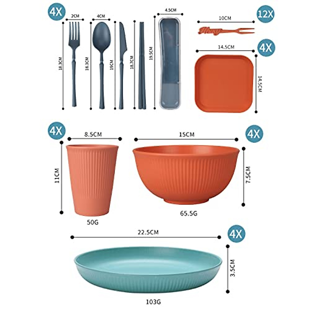 48 Pcs Wheat Straw Dinnerware Sets, Unbreakable Plates and Bowls Sets, Reusable Dinnerware Sets for 4 People, Travel Camping Picnic Home Party Cutlery Set, Dishwasher Microwave Safe Dishes