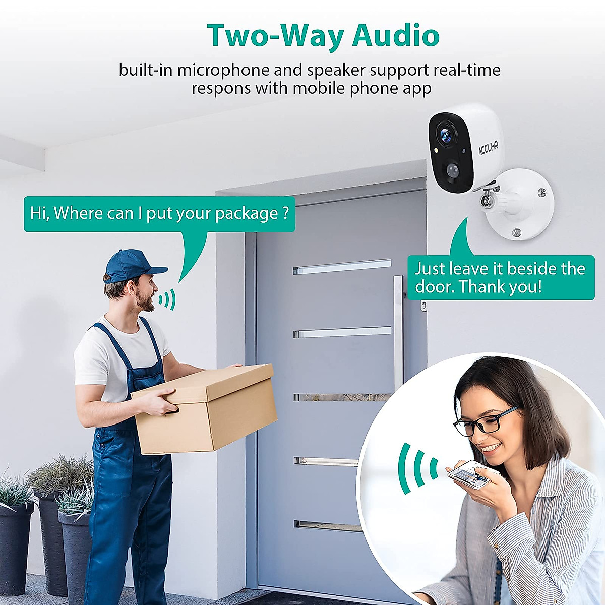 ACCUHR Outdoor Wireless Security Camera System,1080P WiFi Home Surveillance Camera 2-Way Audio, Full Color Night Vision, PIR Motion Detection, Siren Alarm