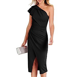 ANRABESS Women's One Shoulder Cocktail Midi Dress Sleeveless Elegant Ruffle Wrap Ruched Bodycon Formal Wedding Guest Dresses Black Small