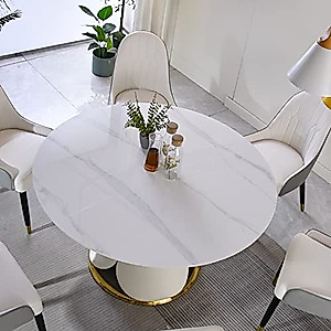 Legendstone Kitchen Dining Table, Round Marble Dining Table for 4-6, Compact Space w/53 Sintered Stone Tabletop, Lotus Shape Design & PU Leather Wrapped & Metal Base (1PC Table)