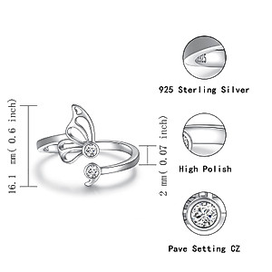 MANBU Sterling Silver Butterfly Semicolon Ring - Encouragement Butterfly Adjustable Wrap Ring with CZ Inspirational Jewelry Gift for Women