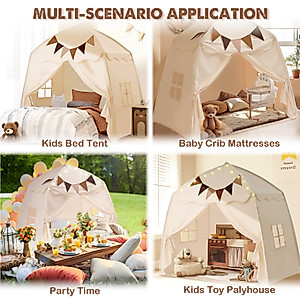 Large Kids Play Tent with Flags & Star Lights, Portable & Foldable Teepee, Bed Tent Bed Canopy for Boys & Girls, Indoor Outdoor Dome Tent Playhouse, Kids Birthday Gift, 51x39x51 in