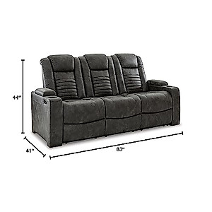 Signature Design by Ashley Soundcheck Contemporary Faux Leather Tufted Power Reclining Sofa with Adjustable Headrest, Gray