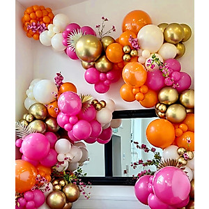 FOTIOMRG 203pcs Pink Orange Balloon Garland Arch Kit, Hot Pink Orange Metallic Gold Latex Balloons for Summer Tropical Engagement Bridal Shower Bachelorette Birthday Party Balloons Decorations
