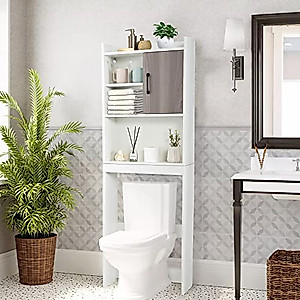 Tangkula Over The Toilet Storage Cabinet, Freestanding Tall Bathroom Organizer with Open Storage Shelves and Enclosed Storage Cabinet, Versatile Space Saver for Bathroom Toilet Laundry Room (White)