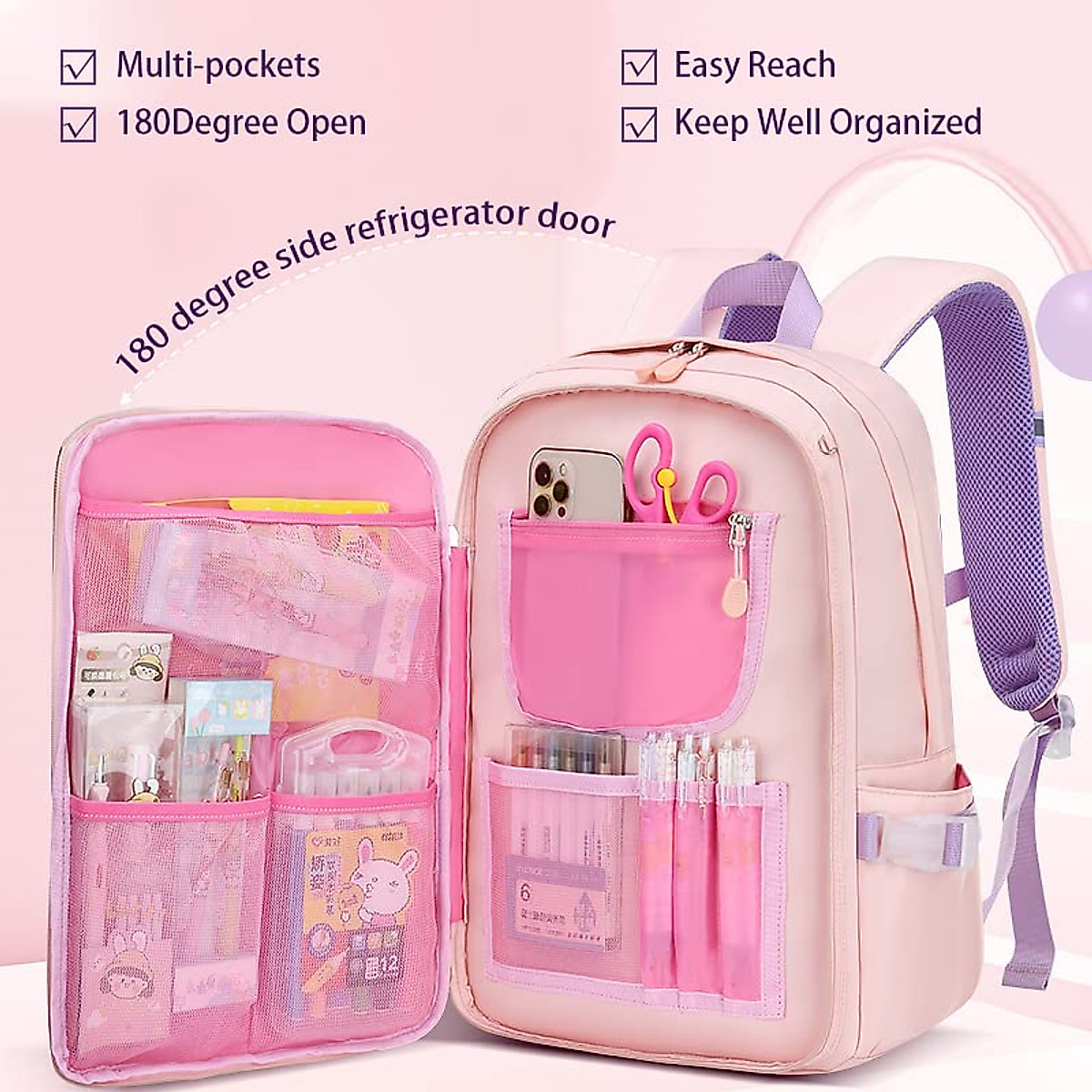 Stylifeo Bunny Backpack for Girls Cute Backpack Kawaii School Bookbag for Kindergarten Preschool Elementary(Purple for girl grades 1-3)