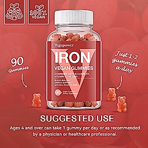 Vegan Iron Gummies Supplement - with Vitamin C, A, B-Complex, Folate, Zinc for Adults & Kids - Blood Builder & Energy Support for Iron Deficiency, Anemia, No After Taste - Peach Flavor (90 Ct)