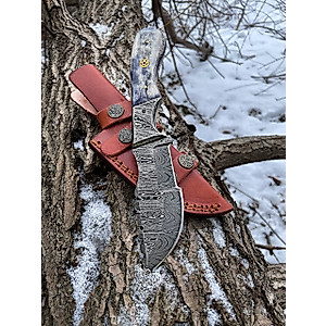 Titan International Knives Damascus Hunting and Camping Knife | Fixed Blade Survival Knive Handmade 1095 4340 Carbon Mix Hand Pounded | Bolster and Dyed Bone Handle with Leather Sheath Perfect for Outdoors