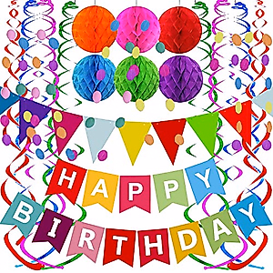 Happy Birthday Banner With Colorful Paper Flag Bunting Paper Circle Confetti Garland Swirl Streamers Honeycomb ball for Birthday Party Decorations