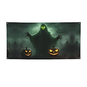 Banners and Signs for Outdoor 35x71 Backdrop for Birthday Party Business Graduation Wedding Event,Green Ghost Horror Halloween Pumpkin