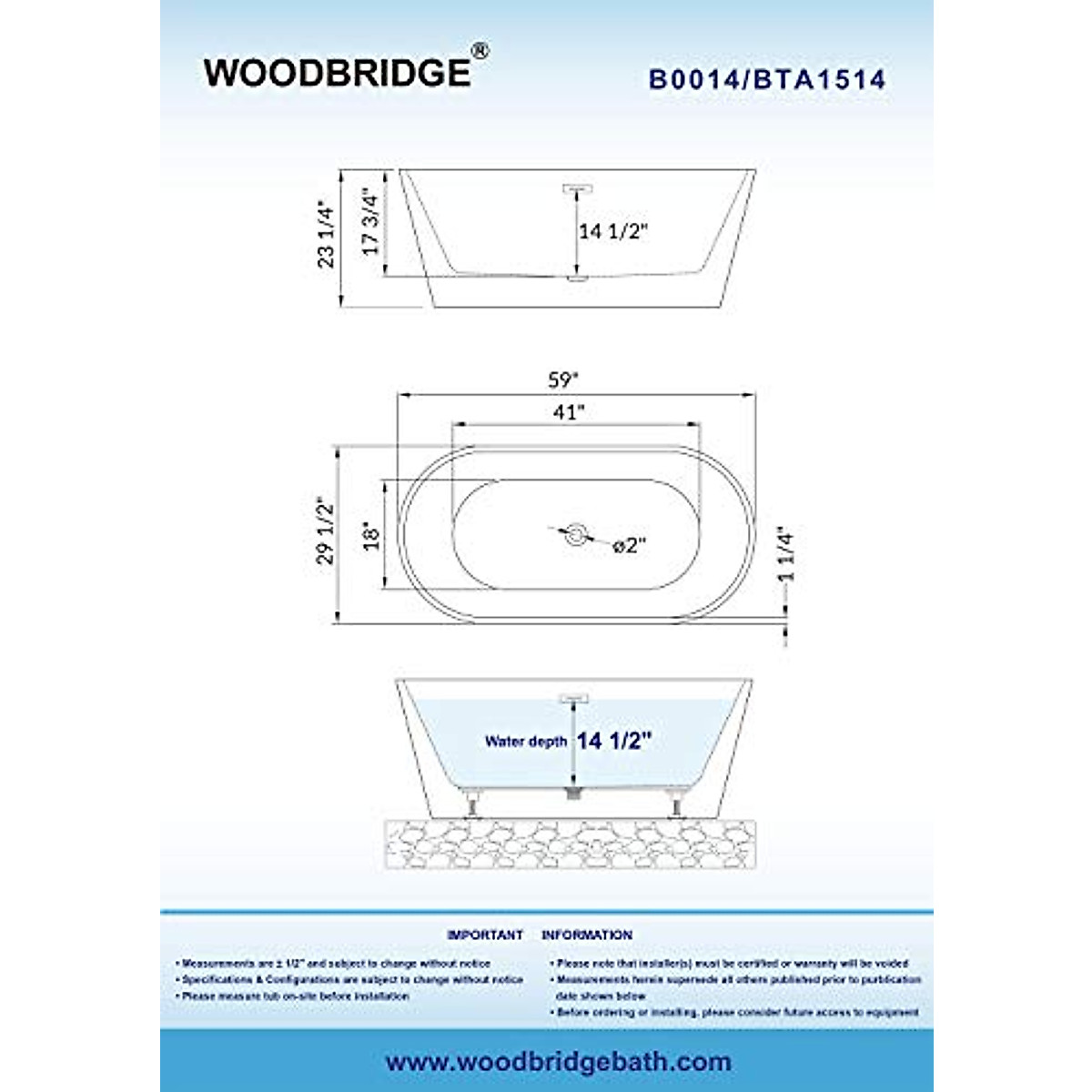 WOODBRIDGE 59" Acrylic Freestanding Bathtub Contemporary Soaking White Tub with Matte Black Overflow and Drain，B0014-MB-Drain &O
