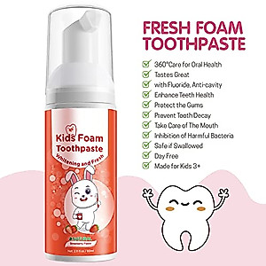 Kids Foam Toothpaste with Low Fluoride - Anti-Cavity, Whitening and Fresh, Gentle Teeth Whitening Foam Toothpaste Kids for U-Shape Toothbrush, Ages 3 Plus - 60ml (Strawberry)